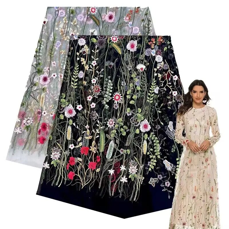 Вышитая марлевая ткань с водяными растениями No4 pink violet mesh