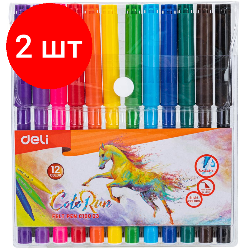 Комплект 2 упаковок, Фломастеры набор Deli ColoRun вентилир. 12цв. пакет с европодвес, EC10003
