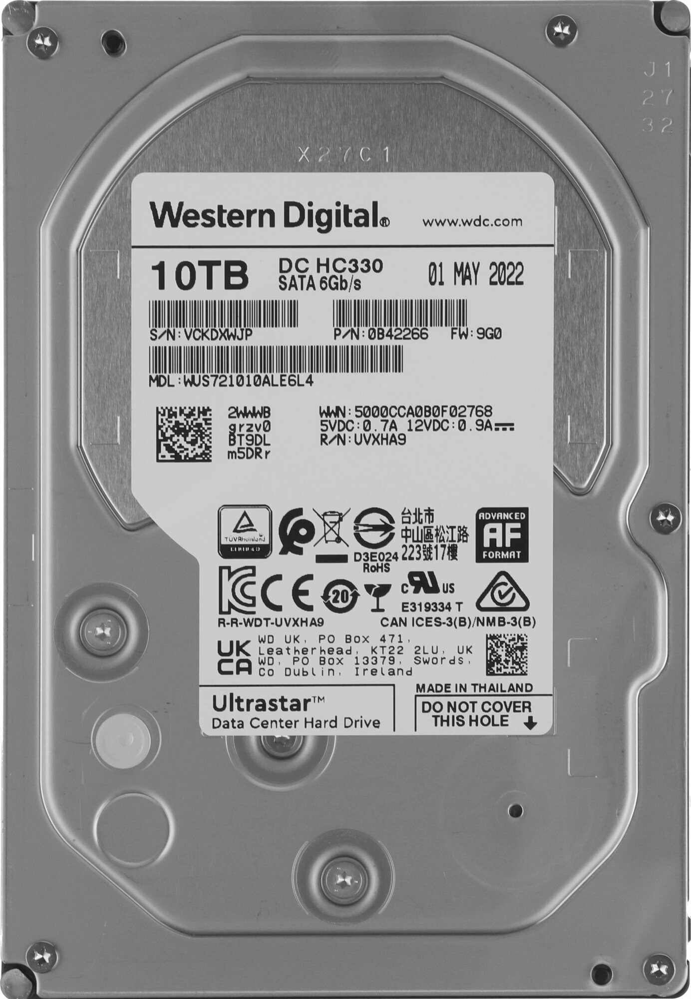 Жесткий диск WD SATA-III 10TB 0B42266\0B44496 WUS721010ALE6L4 Server Ultrastar DC HC330 4KN (7200rpm) 256Mb 3.5"