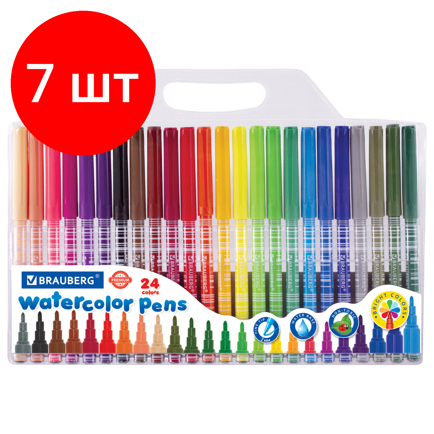 Комплект 7 шт, Фломастеры BRAUBERG "PREMIUM", 24 цвета, корпус С печатью, вентилируемый колпачок, ПВХ-упаковка с европодвесом, 151944