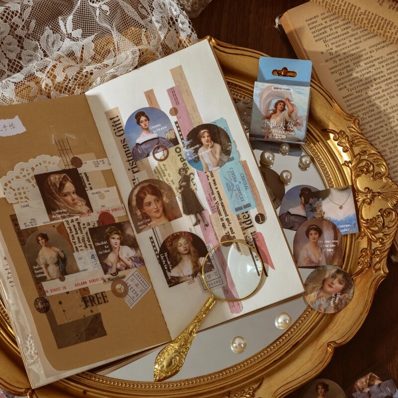 46Pcs Mini Box Stickers Angel European classical oil Girl Retro Adhesive Scrapbooking Decorative handmade painting 4CM