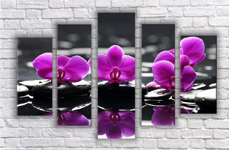 Modul007 Модульная картина из 5 модулей "Орхидеи на камнях" 140х80 см для гостиной для спальни для комнаты для интерьера