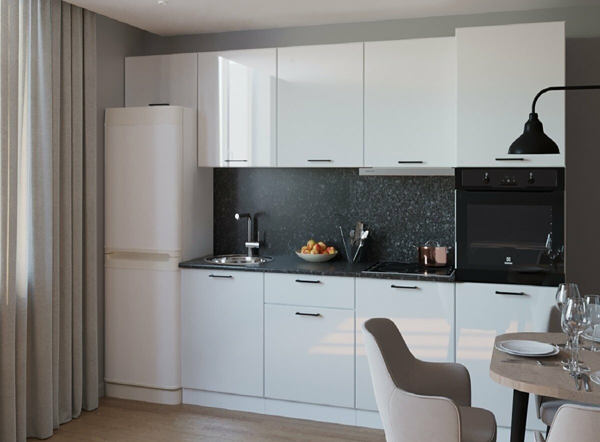 Кухонный гарнитур Белый глянец, фасады МДФ, длина 3000 мм, столешница 28 мм Каспий Черное золото