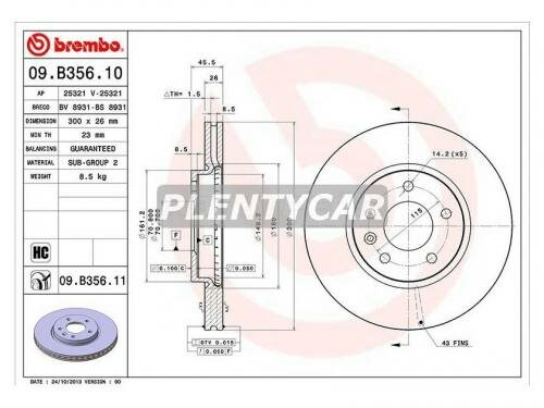 Тормозной диск Brembo 09. B356.10 Chevrolet / Daewoo: 13502051 13502052 13503988. Opel: 569082 13503988 569070 569076