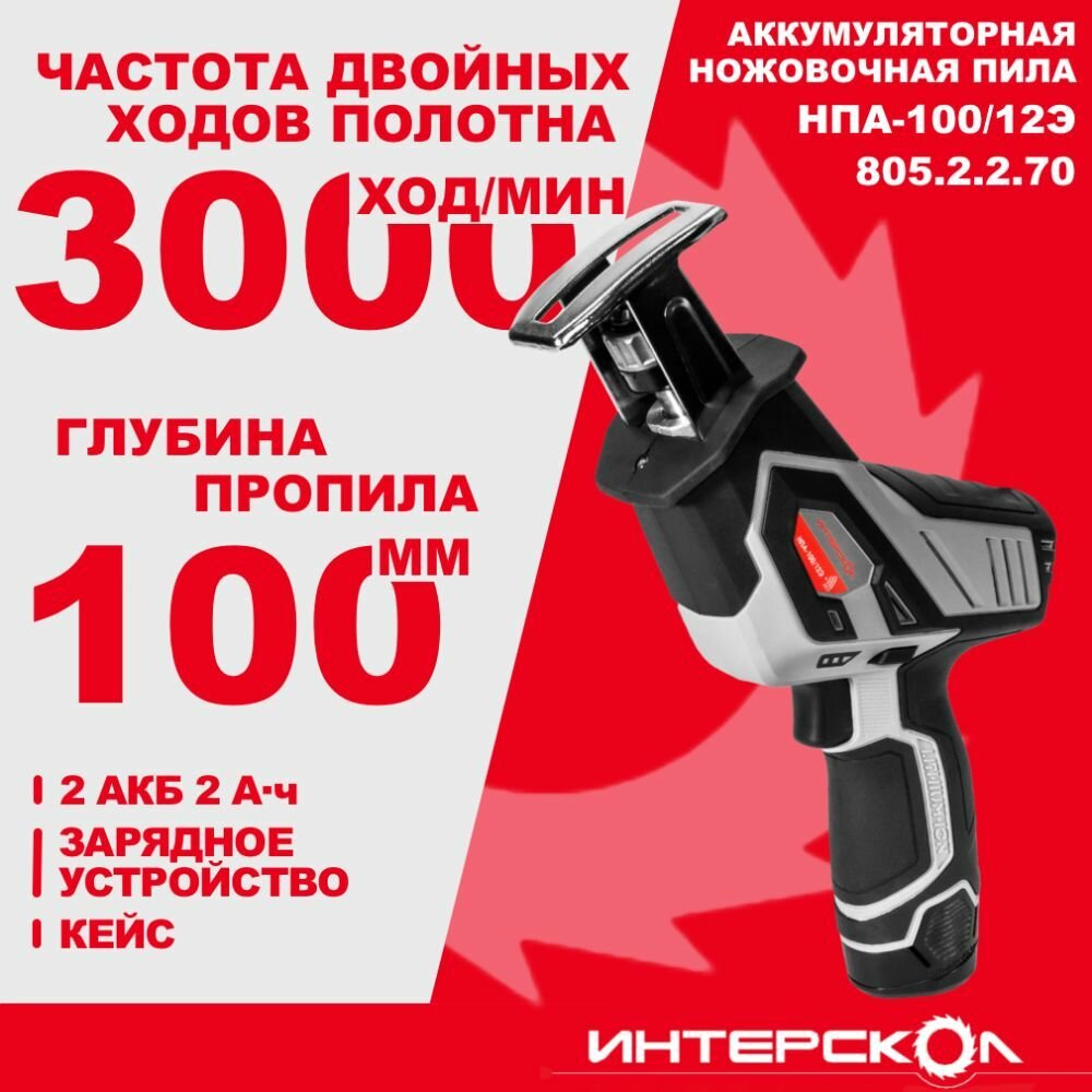 Аккумуляторная сабельная пила ИНТЕРСКОЛ НПА-100/12Э АПИ-Т с 2 акк. 12В 2.0А/ч в кейсе