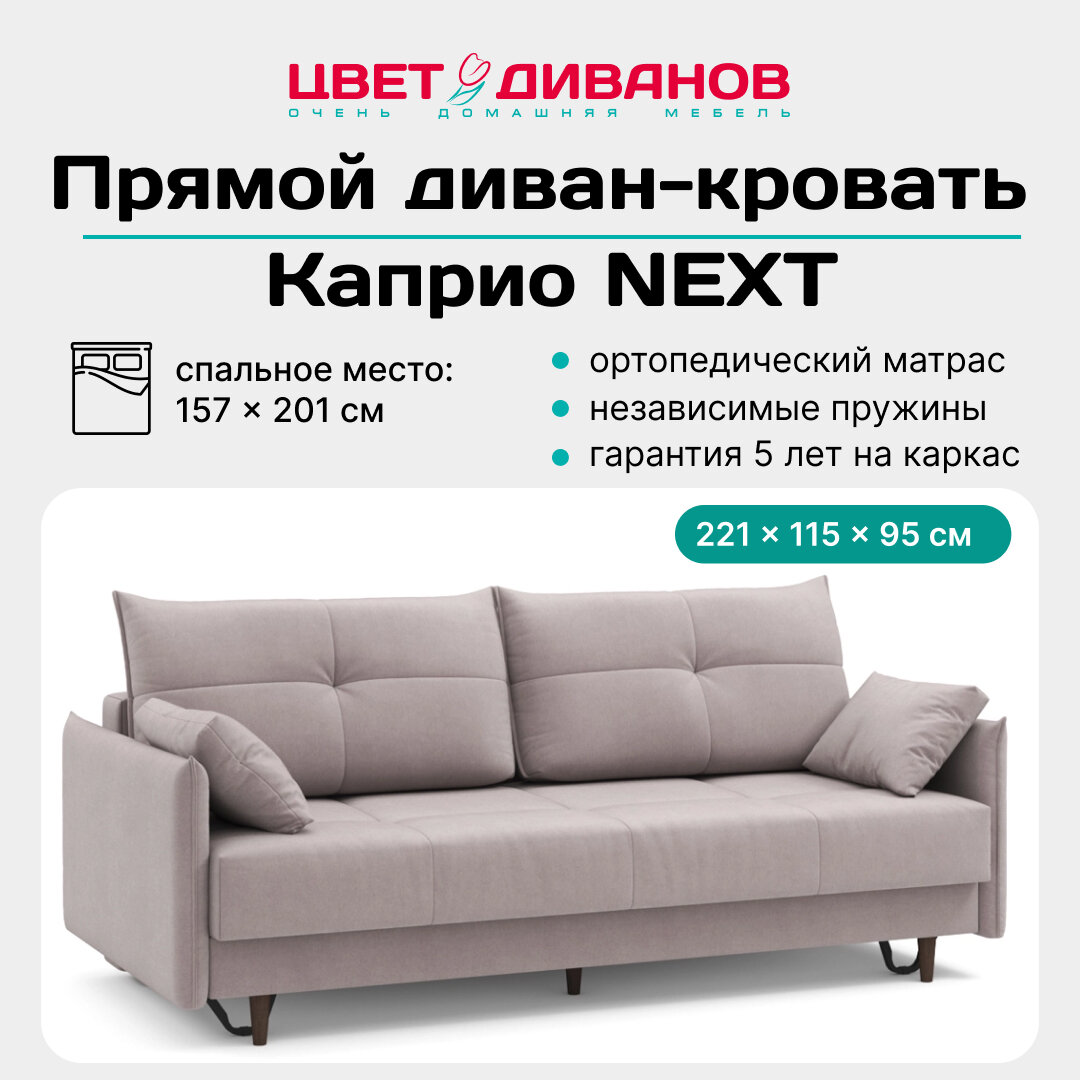 Прямой диван кровать Цвет Диванов Каприо NEXT 22 221 раскладной, пружинный ортопедический матрас, микрошенилл