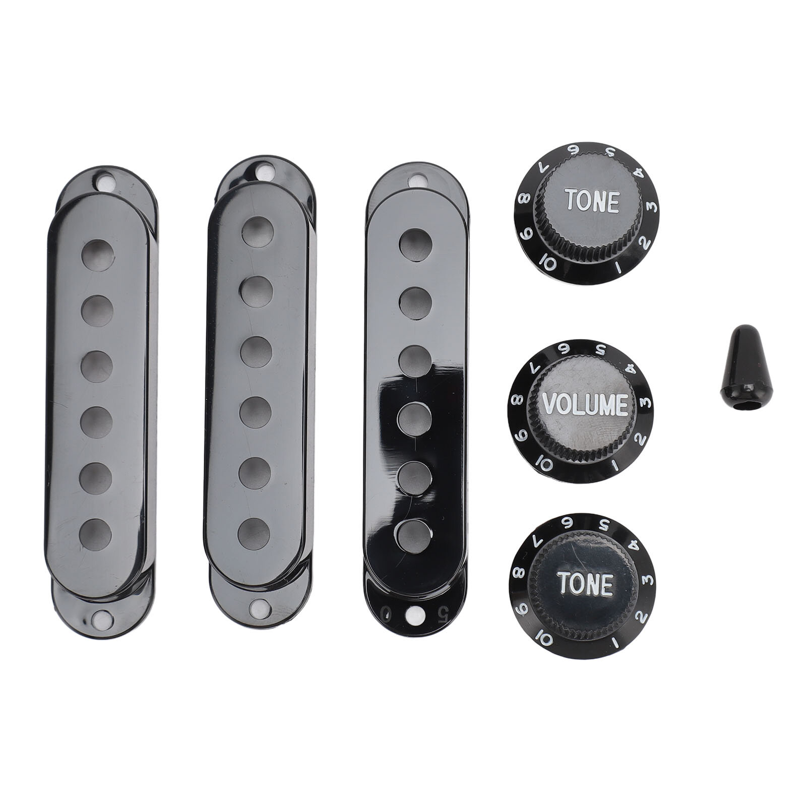 Комплект ручек и крышек для гитарных звукоснимателей Fender, 6 отверстий, для сингла, 2 регулятора тембра, 1 регулятор громкости, сменные наконечники, черный цвет.