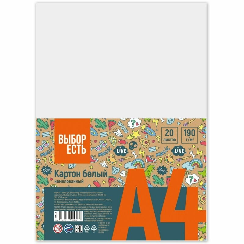 Картон выбор есть белый Отличник 20 листов, А4 немелованный, пакет
