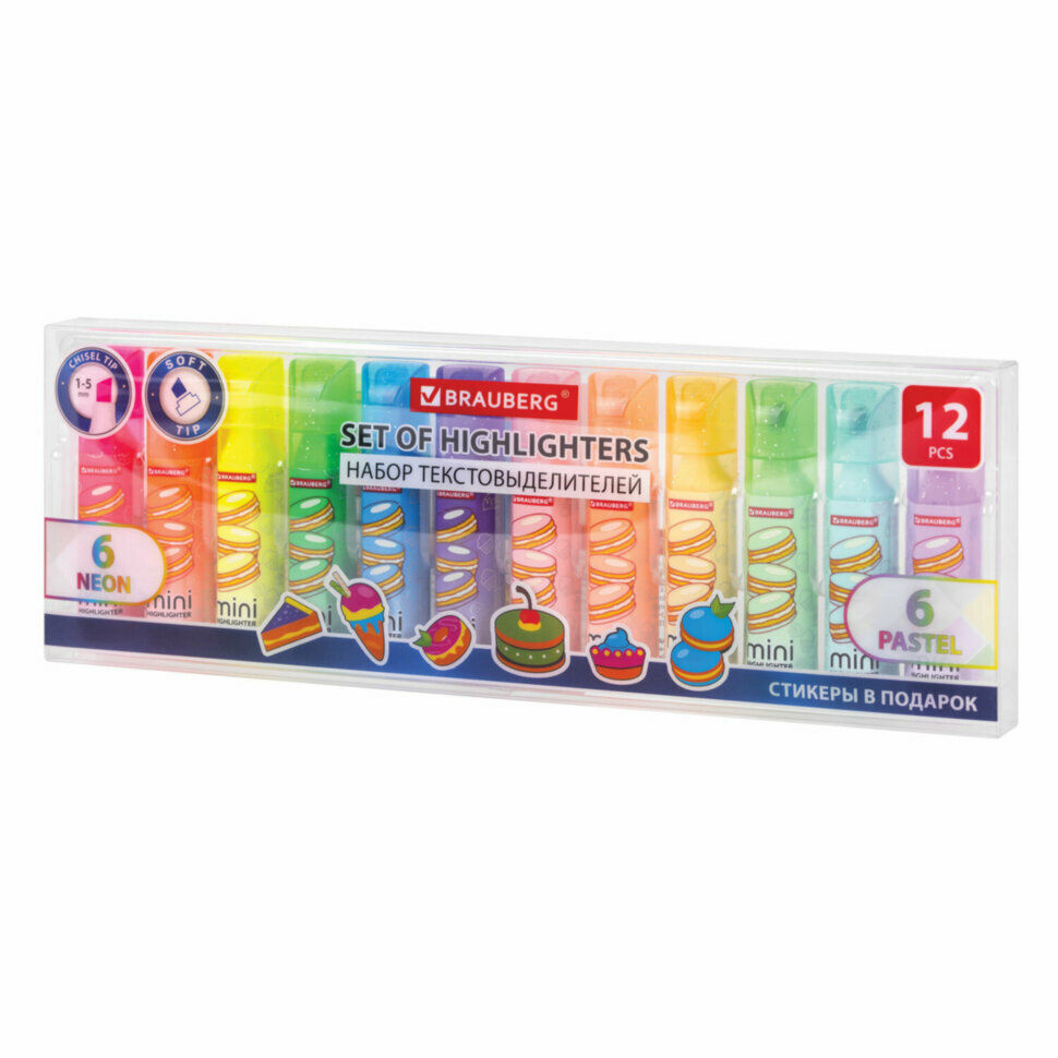 Набор текстовыделителей мини с принтами, 12 цветов, BRAUBERG, 6 неоновых цветов + 6 пастельных цветов, линия 1-5 мм, 152537, 152537