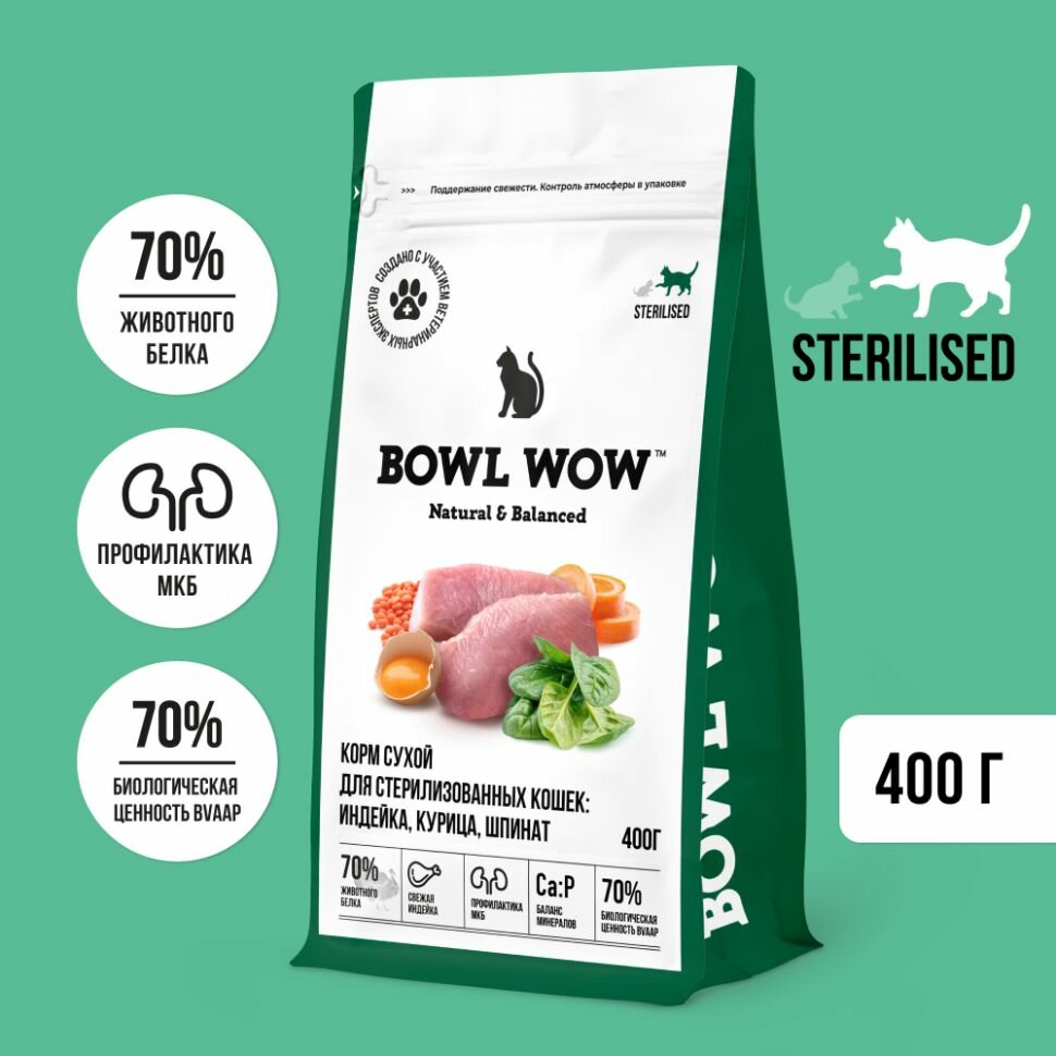 BOWL WOW Fresh Meat сухой корм для взрослых стерилизованных кошек с индейкой, курицей и шпинатом - 400 г x 4 шт.
