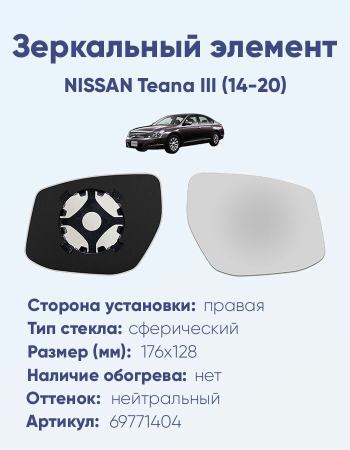 Зеркальный элемент правый NISSAN Teana III (14-20) сфера нейтральный без обогрева