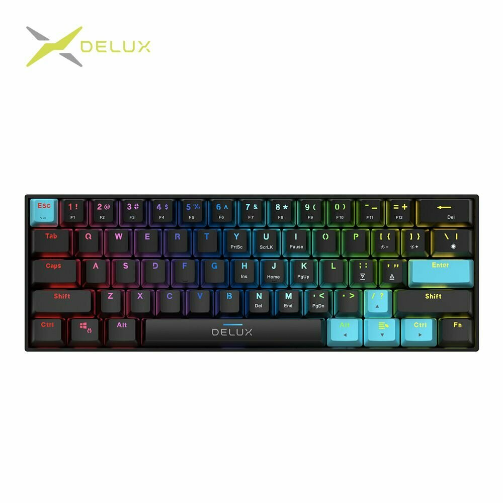Игровая клавиатура механическая, DELUX KM36, RGB 60% 61, Outemu Blue, Английская клавиатура, черный