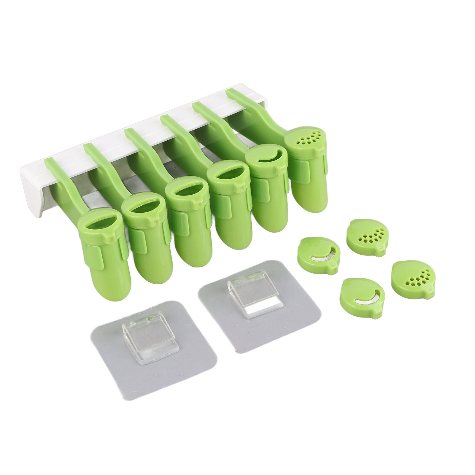 Вращающаяся настенная подставка для пакетов со специями с зажимом и дозатором для хранения на кухне, 6 отверстий, чистый зеленый цвет.