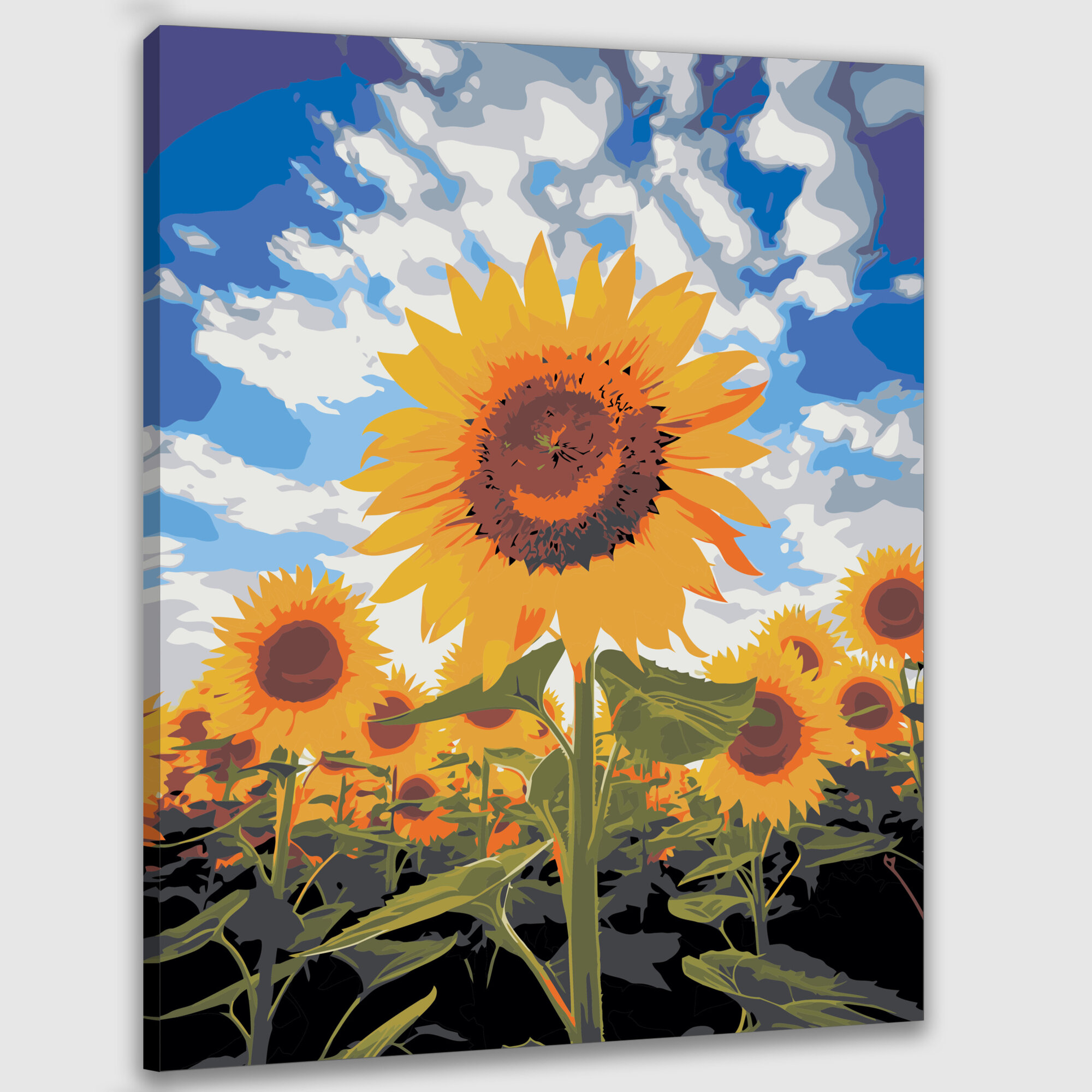 Картина по номерам 40x50 см, подсолнухи, солнце, поле, желтые лепестки, яркие краски, солнечные лучи, золотистое сияние