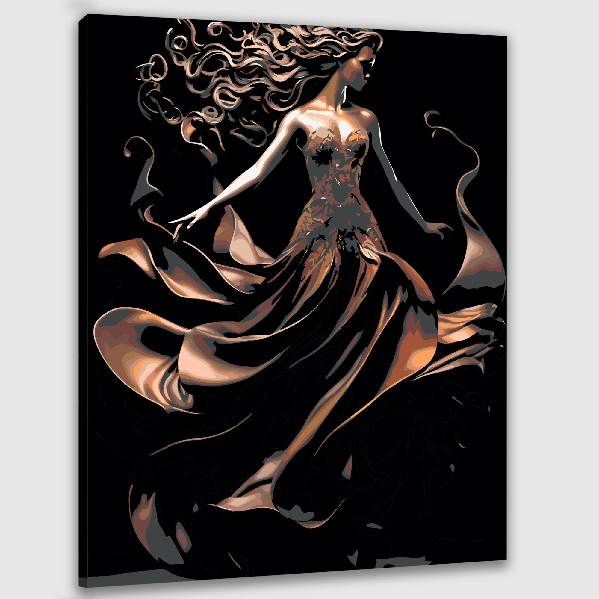 Картина по номерам 40x50 см, скульптура, кукла, танцевальная поза, бронза, струящееся платье, движения, патина, глубина