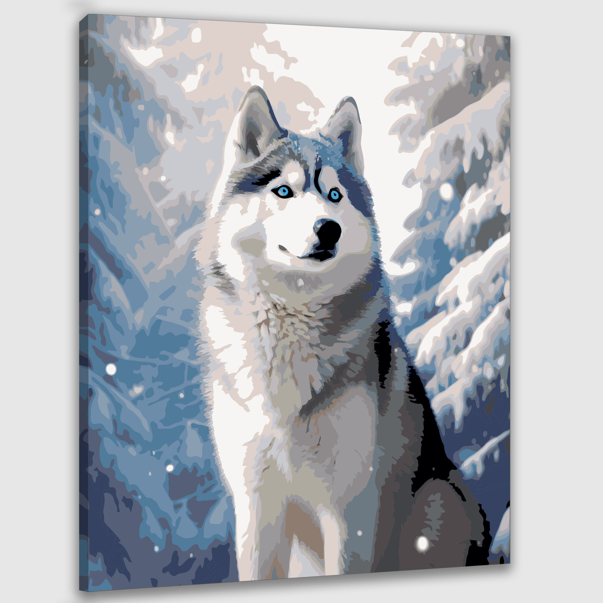 Картина по номерам 40x50 см, хаски, зимний пейзаж, снег, сосны, фотография, иней, глаза, чудо, приключения