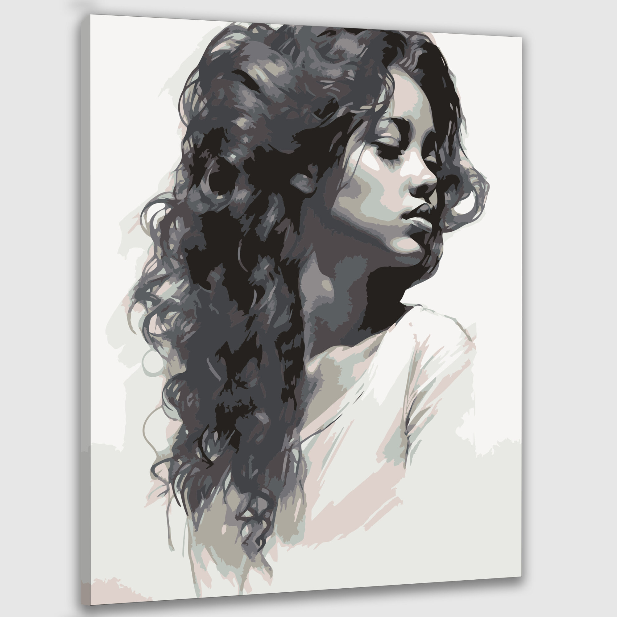 Картина по номерам 40x50 см, картина, набросок, уголь, девушка, лицо, волосы, таинственность, самоанализ, штрихи