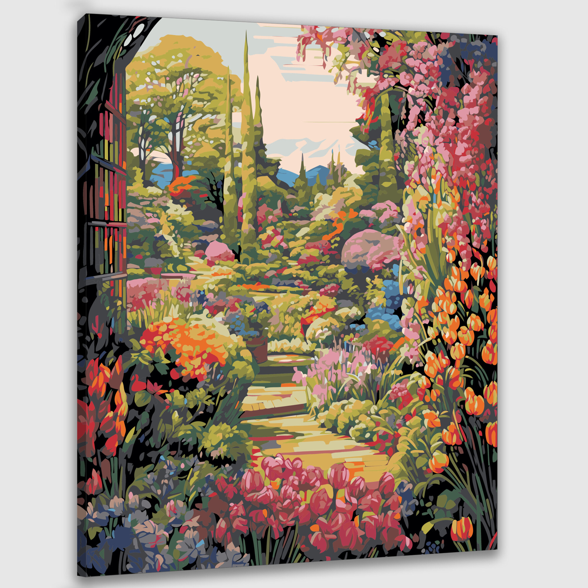 Картина по номерам 40x50 см, фотография, весенний сад, мозаика, клумбы, дорожки, яркие цвета, смешение цветов, гобелен