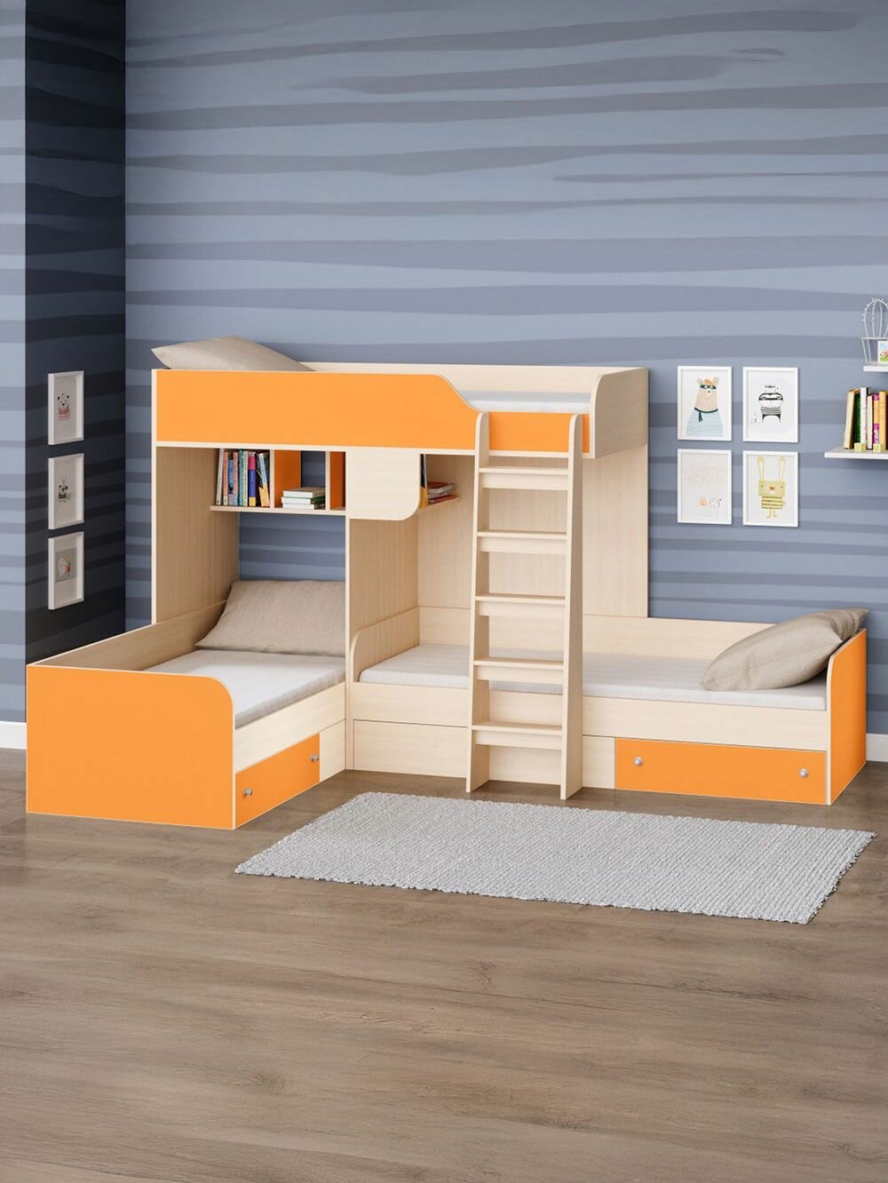 Двухъярусная кровать Трио 80х190 см, с основанием настил, с ящиками, с полками, с бортиками, Дуб Молочный / Оранжевый