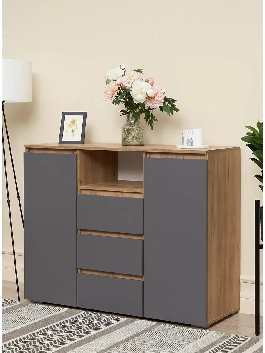 Хелен КМ 01 Комод 1202 (1.202х0.958х0.460), 3 ящика, дуб крафт золото/серый графит