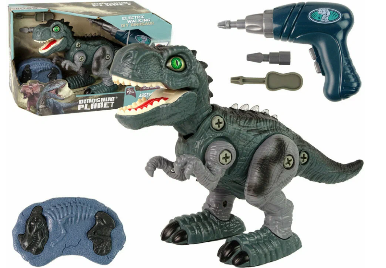 Конструктор-динозавр Тираннозавр на радиоуправлении (25 см, шуруповерт, звук, свет) - RS036-1