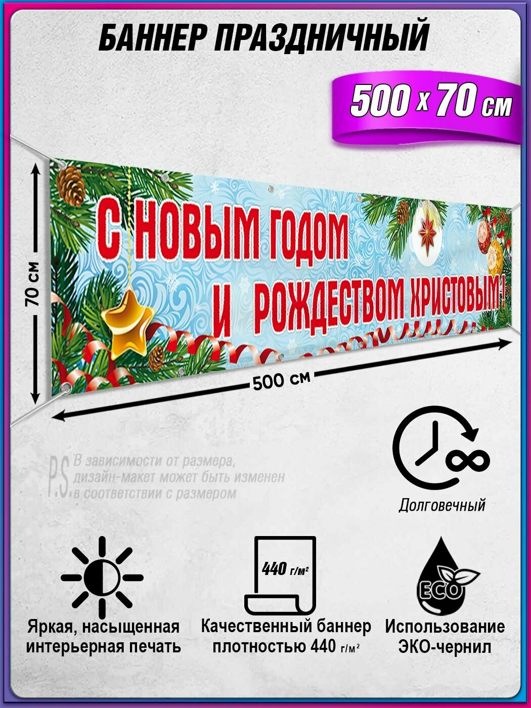 Баннер для праздника на Новый год с поздравлением / Новогодний баннер на корпоратив / 5x0.7 м.