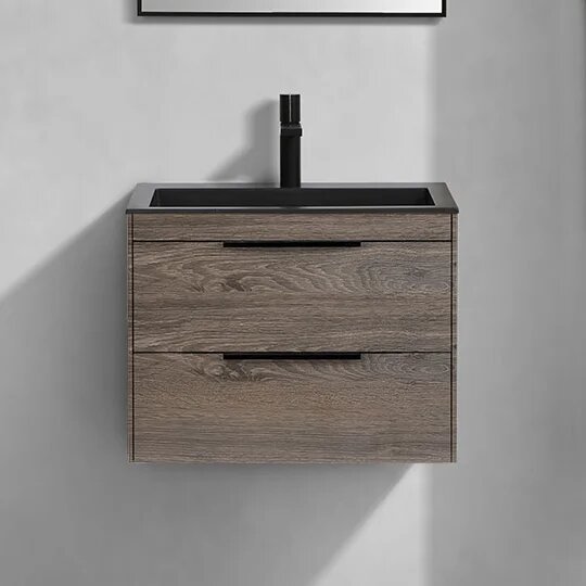 Тумба с раковиной Vincea Chiara 2D подвесная, 60 см, темное дерево, матовая, из ЛДСП, с ящиками, раковина для ванной, из искусственного камня, прямоугольная, лофт
