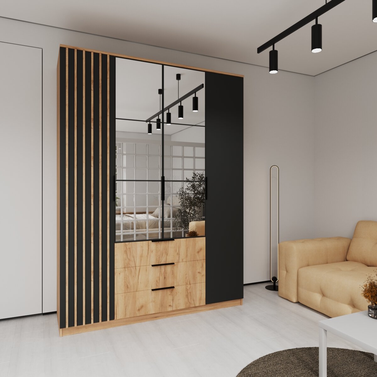 Шкаф Сорренто 2, 1600x2150x500 мм, Дуб Крафт Золотой / Антрацит, 4 двери, 3 ящика, 9 полок, зеркало