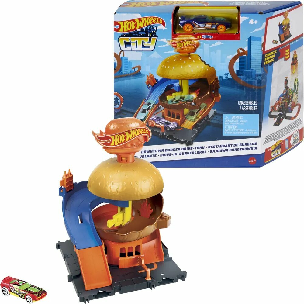 Hot Wheels Давайте погоняемся Netflix - Городской набор Drive-Thru Playset, с 1 игрушечной машинкой, гаражный набор