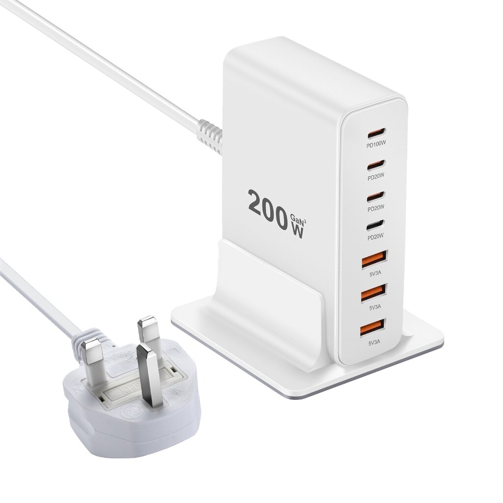 Зарядный кирпичный концентратор Зарядная станция мощностью 200 Вт, 7-портовый USB-адаптер питания для зарядки, Настольный блок быстрых зарядных устройств USB Type C PD