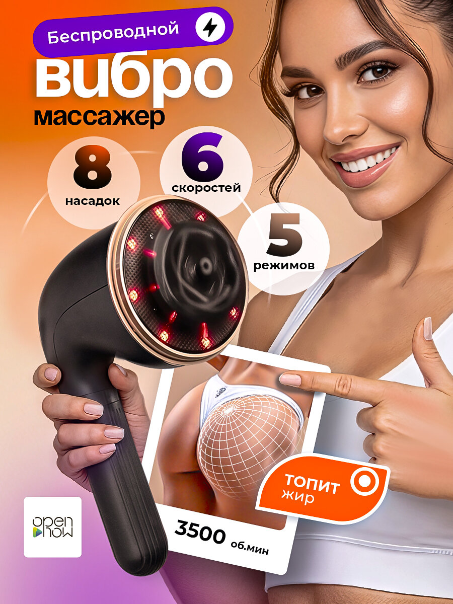 Массажер антицеллюлитный, беспроводной, 5 режимов массажа, 8 сменных насадок