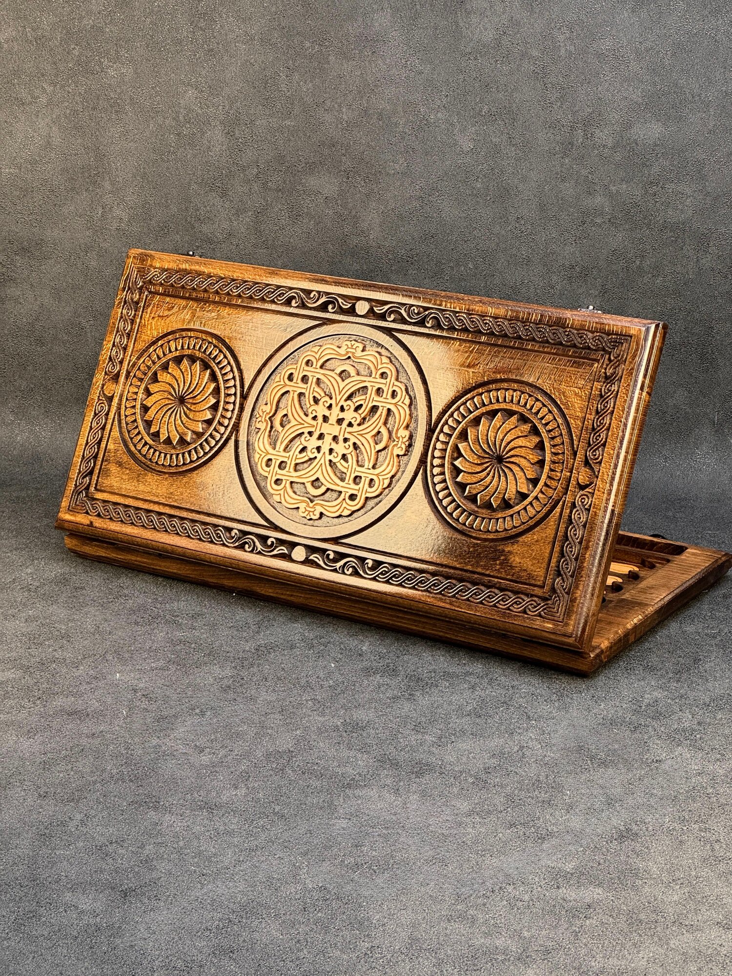 Нарды резные деревянные "Орнамент", большие 60см, ручная работа, в сумке