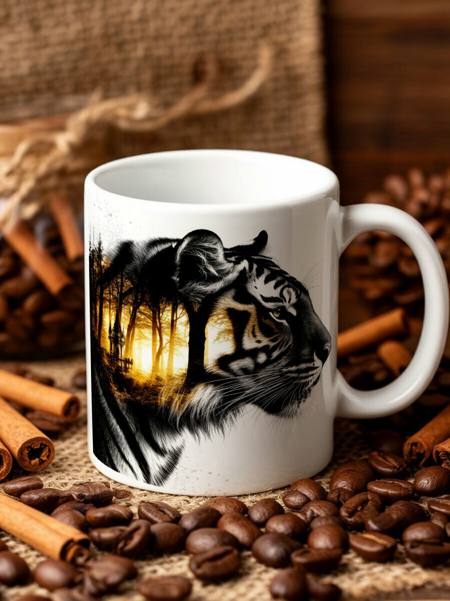 Кружка "Тигр", керамика, для чая/кофе, 330 мл, белая, использование в СВЧ, в посудомойке