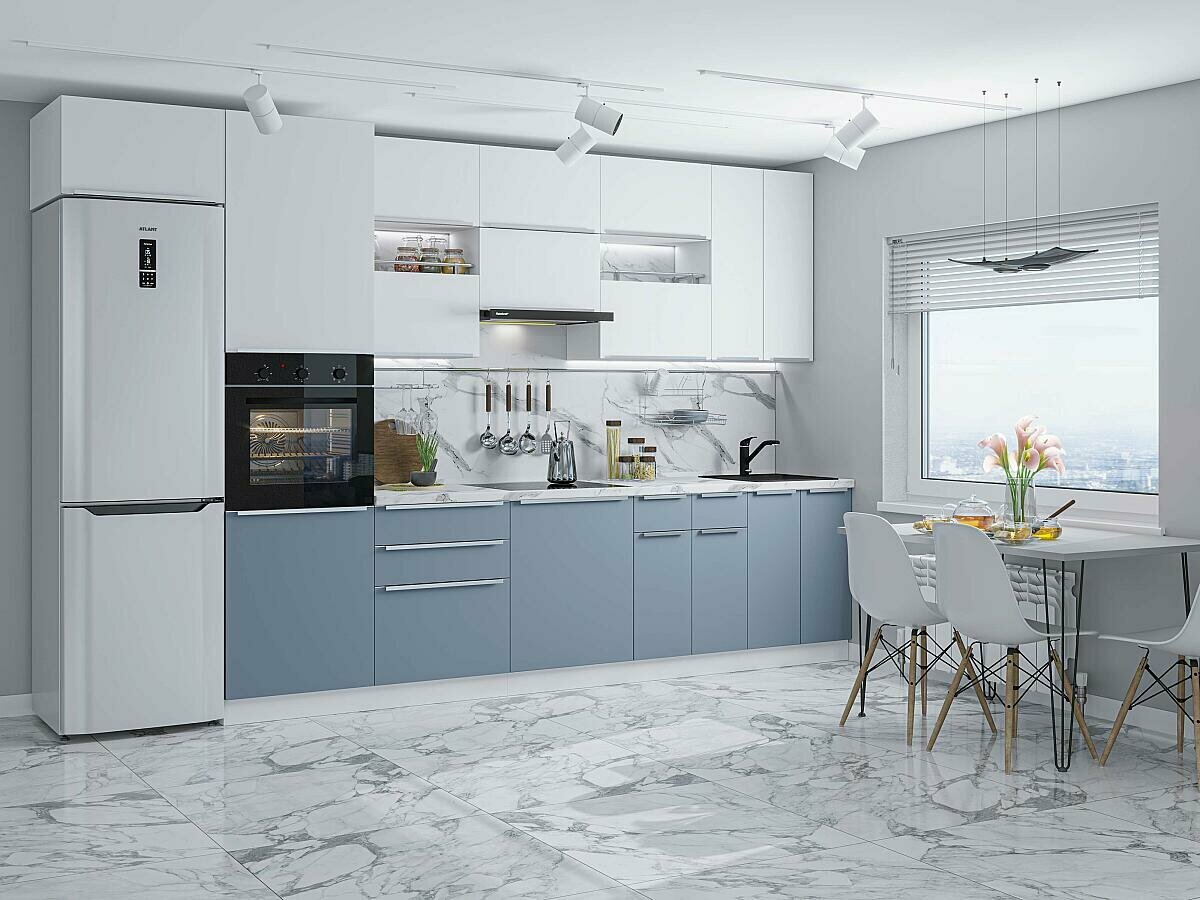 Кухонный гарнитур VIVAT Фьюжн-11, прямой, 3.6 м, без столешницы Silky Blue, Silky White
