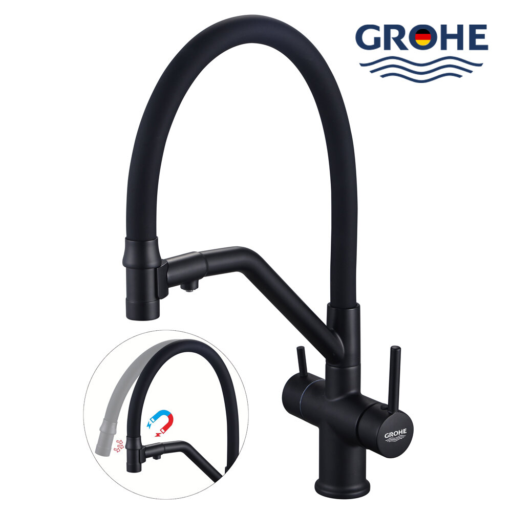 Кухонный смеситель Grohe с гибким изливом и подключением фильтра для воды, магнитная конструкция.