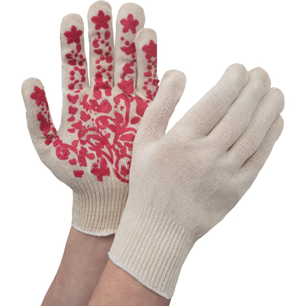 Перчатки х/б с ПВХ покрытием Gigant Цветы 13 класс вязки, 10 пар G-095, резиновая, защищенная