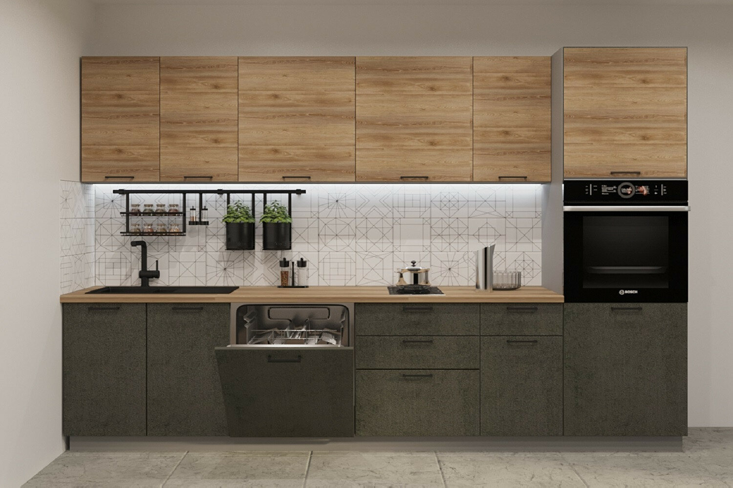 Кухонный прямой гарнитур Лофт, 3000 мм, фасады МДФ, рустик натуральный/бетон темный