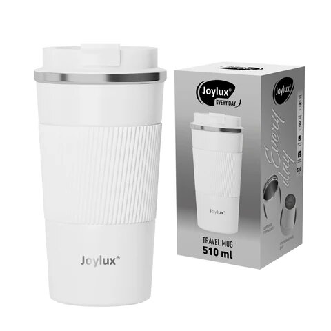 Термокружка 510 мл JOYLUX (джойлюкс) EVERY DAY, нержавеющая сталь SUS304, силиконовый рукав, белый матовый, 700293