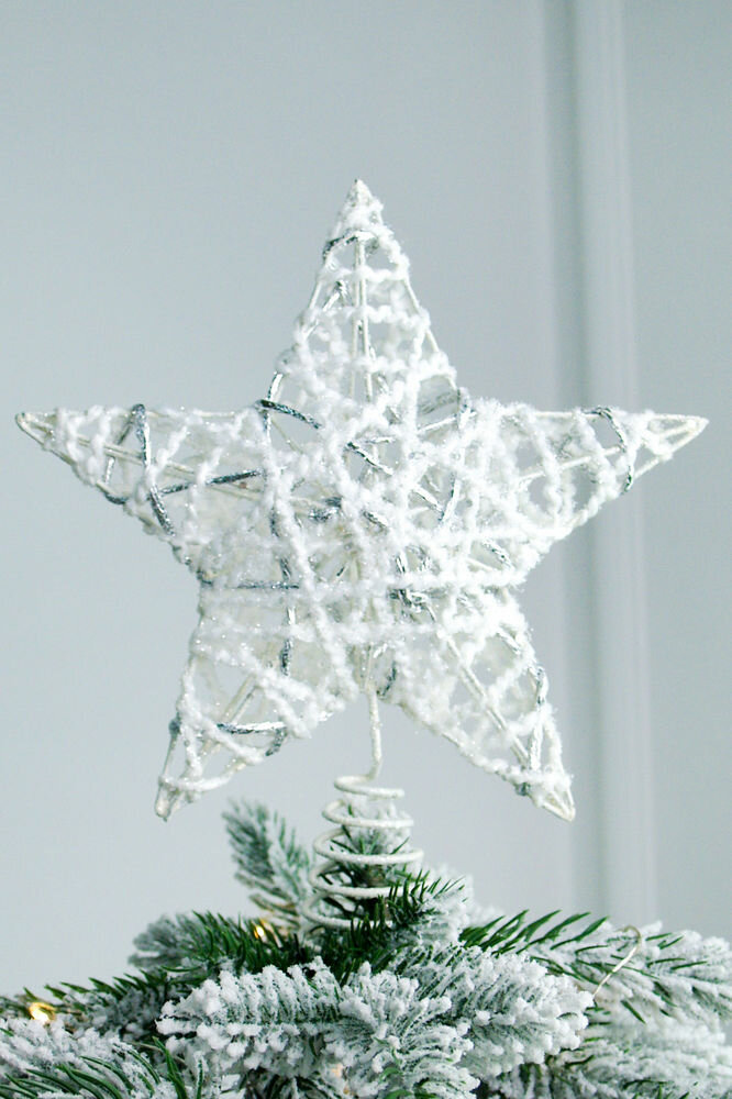 Ёлочная верхушка - звезда плетёная снежная, белая с серебряным, 22 см, Kaemingk 380424