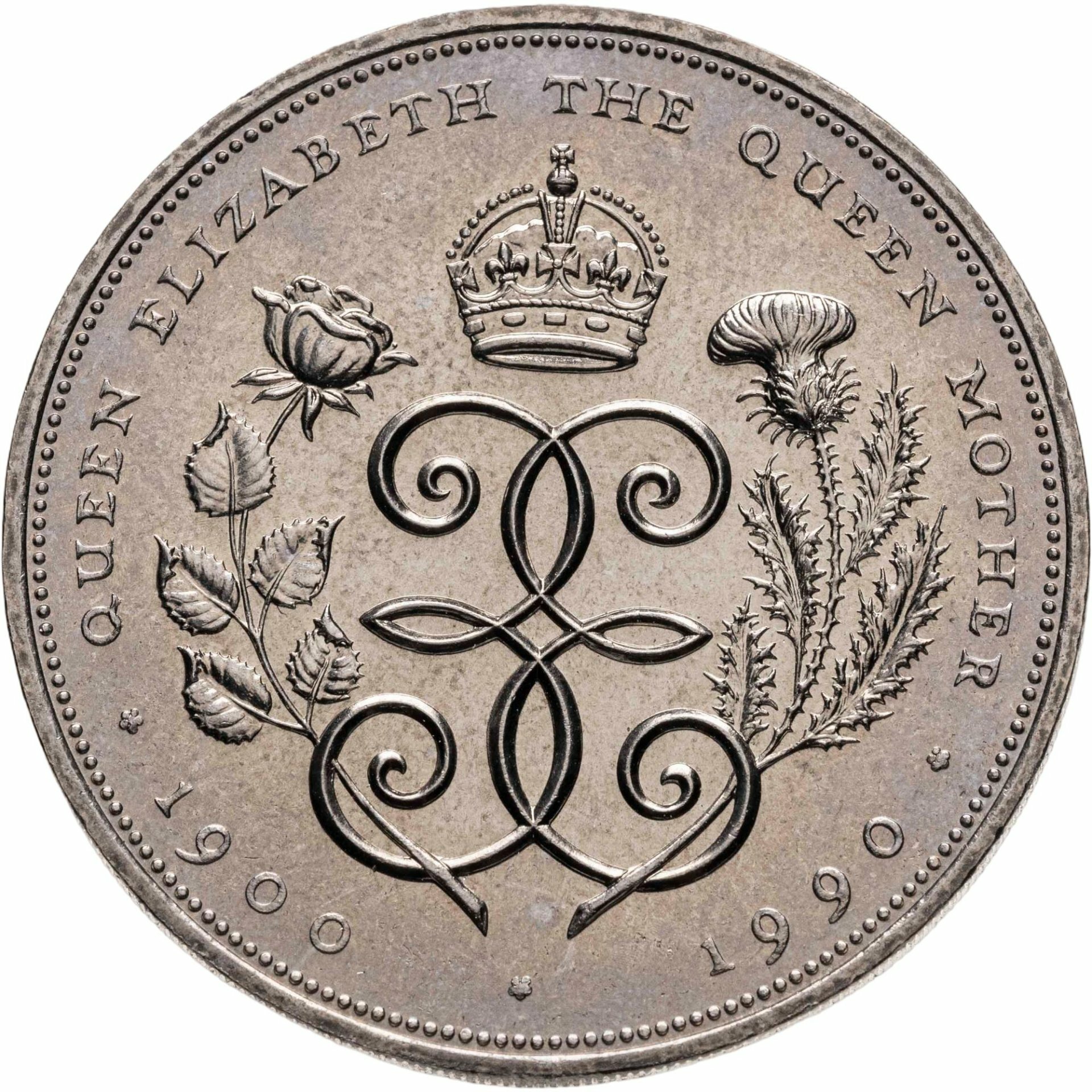 Великобритания 5 фунтов pounds 1990 "90 лет со дня рождения Королевы - Матери", Мельхиор медь-никель, в сохранности UNC