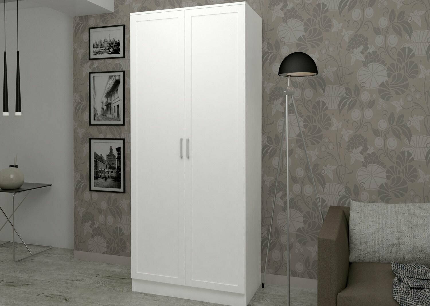 Шкаф распашной для одежды МногоМеб Стайл-2 2-дверный 80х55x220 белый, рамка квадро МДФ