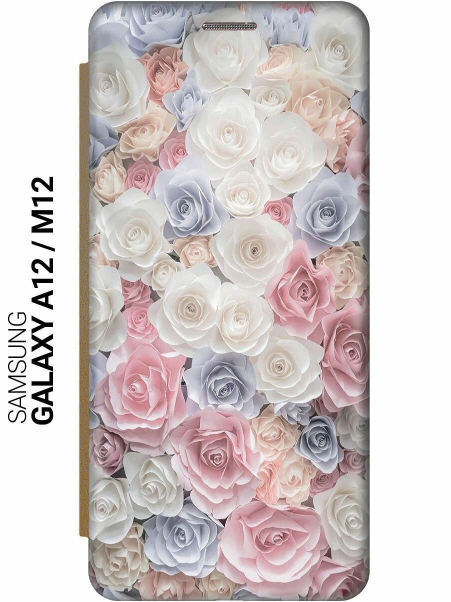 Чехол-книжка на Samsung Galaxy A12, M12, Самсунг А12, М12 c принтом "Пастельные розы" золотистый