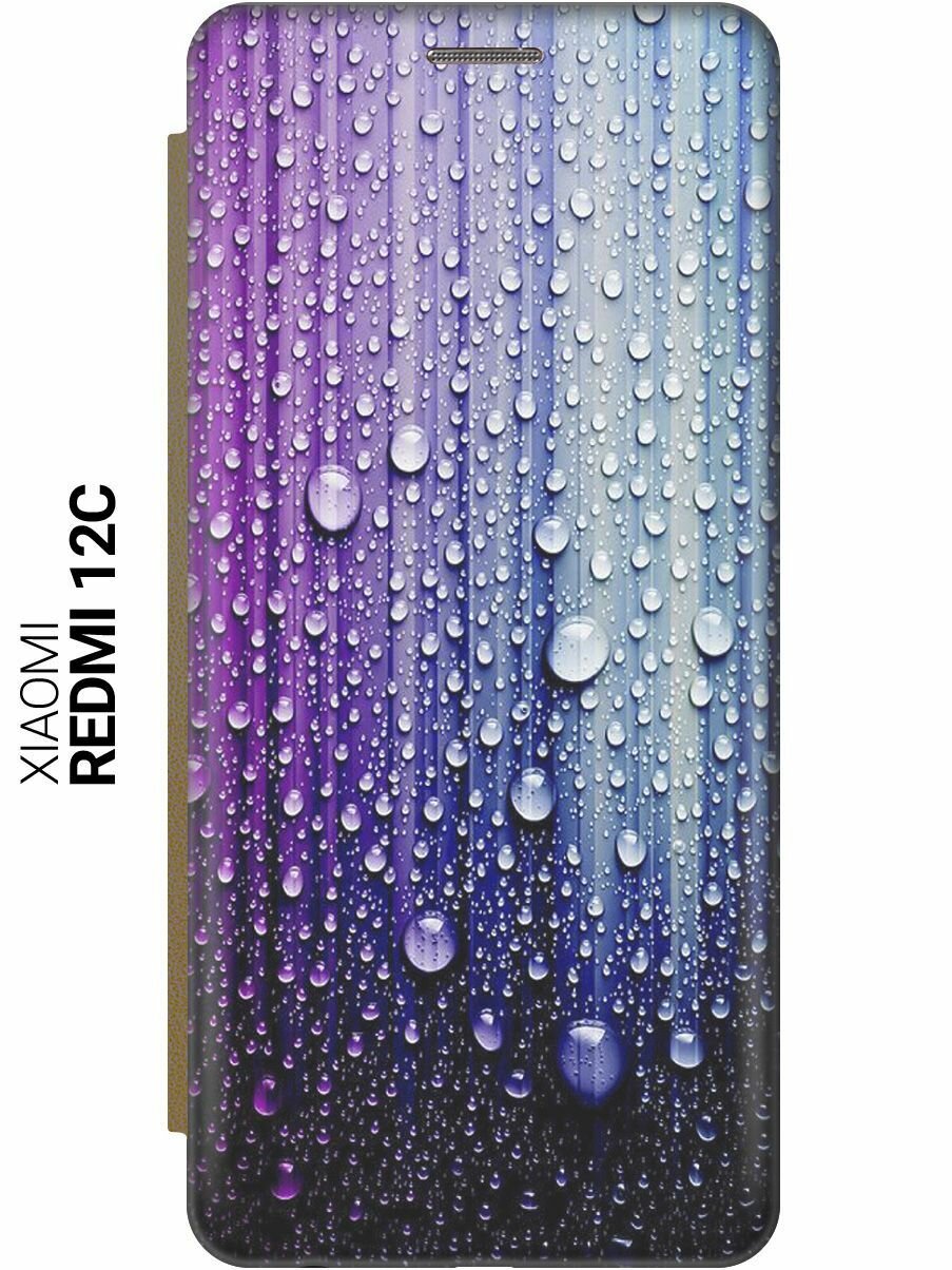 Чехол-книжка на Xiaomi Redmi 12C, Сяоми Редми 12С c принтом "Капли на голубом" золотистый