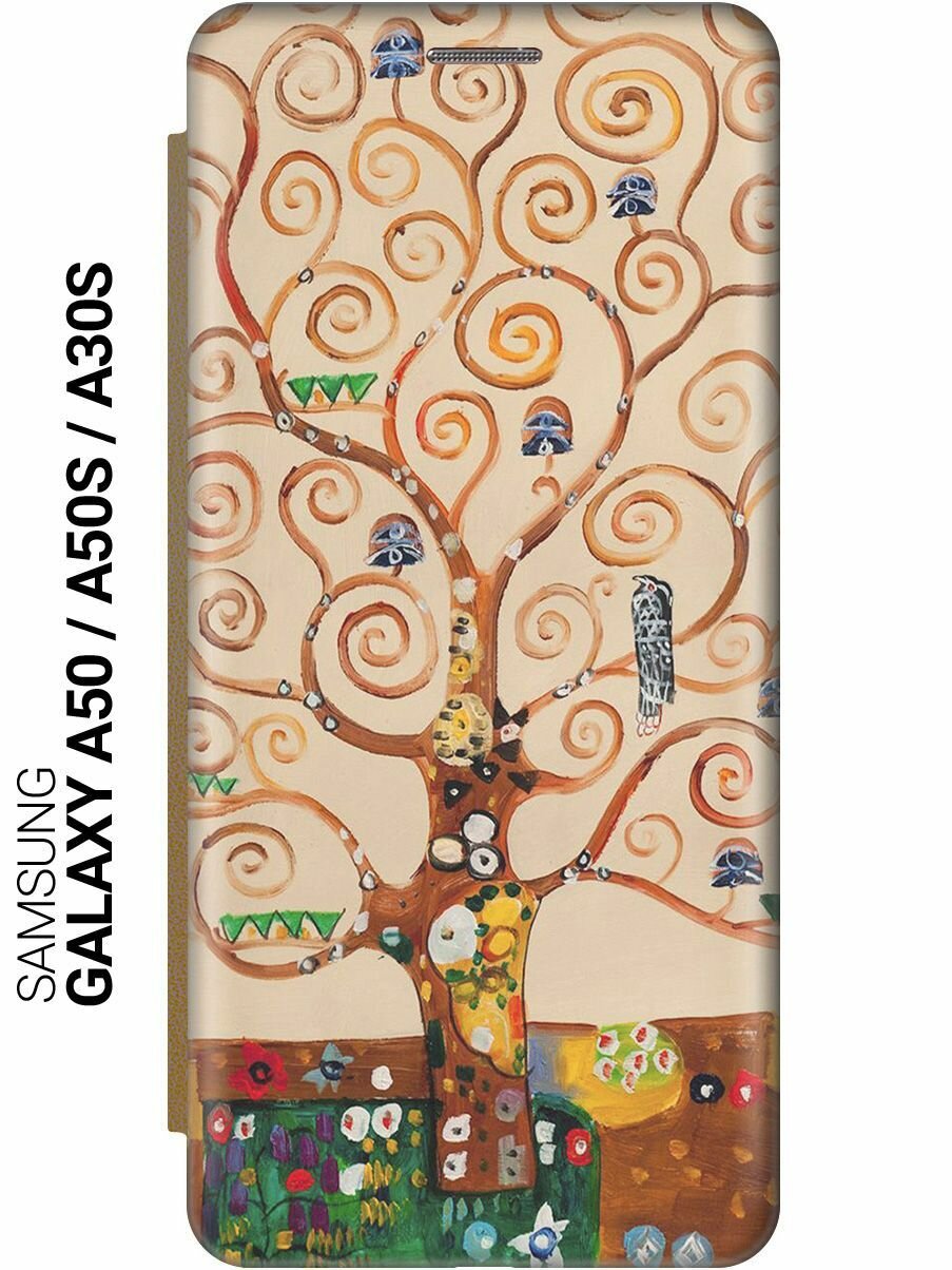 Чехол-книжка на Samsung Galaxy A50, A50s, A30s, Самсунг А50, А30с, А50с c принтом "Климт" золотистый
