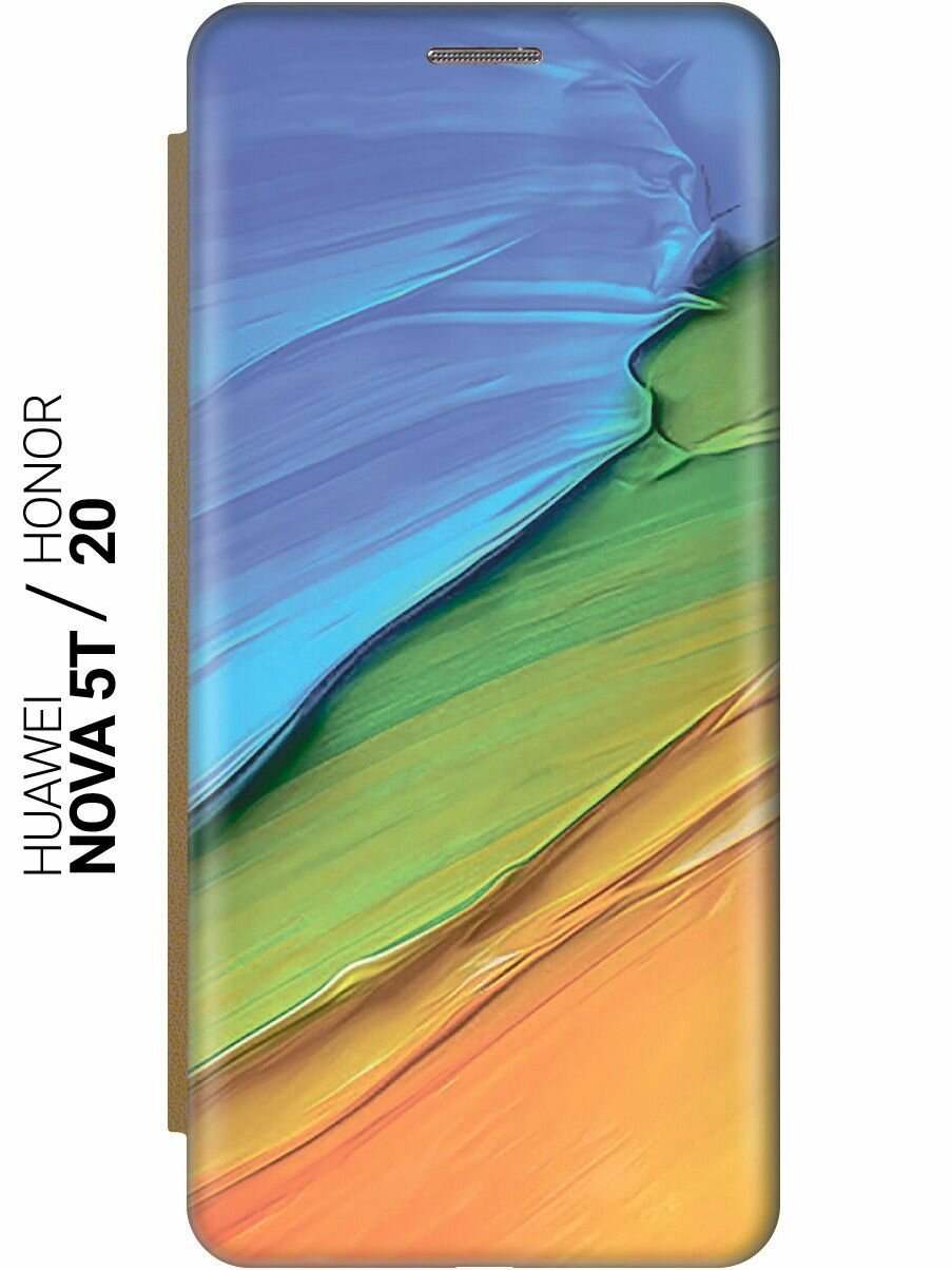 Чехол-книжка на Honor 20, Huawei Nova 5T, Хонор 20, Хуавей Нова 5Т c принтом "Желто-синие ткани" золотистый