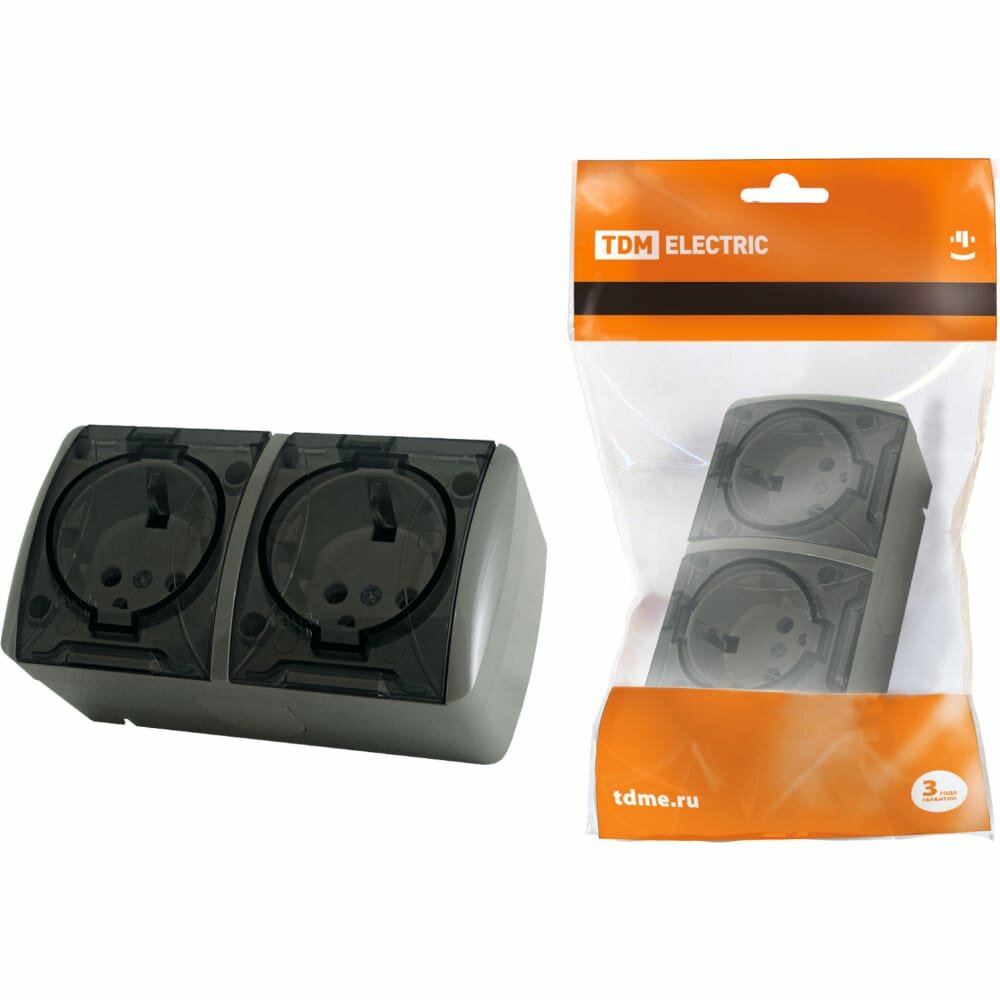 Двойная розетка TDM ELECTRIC 2П+3 открытой установки IP54 16А с прозрачной крышкой серая "Селигер" SQ1818-0109