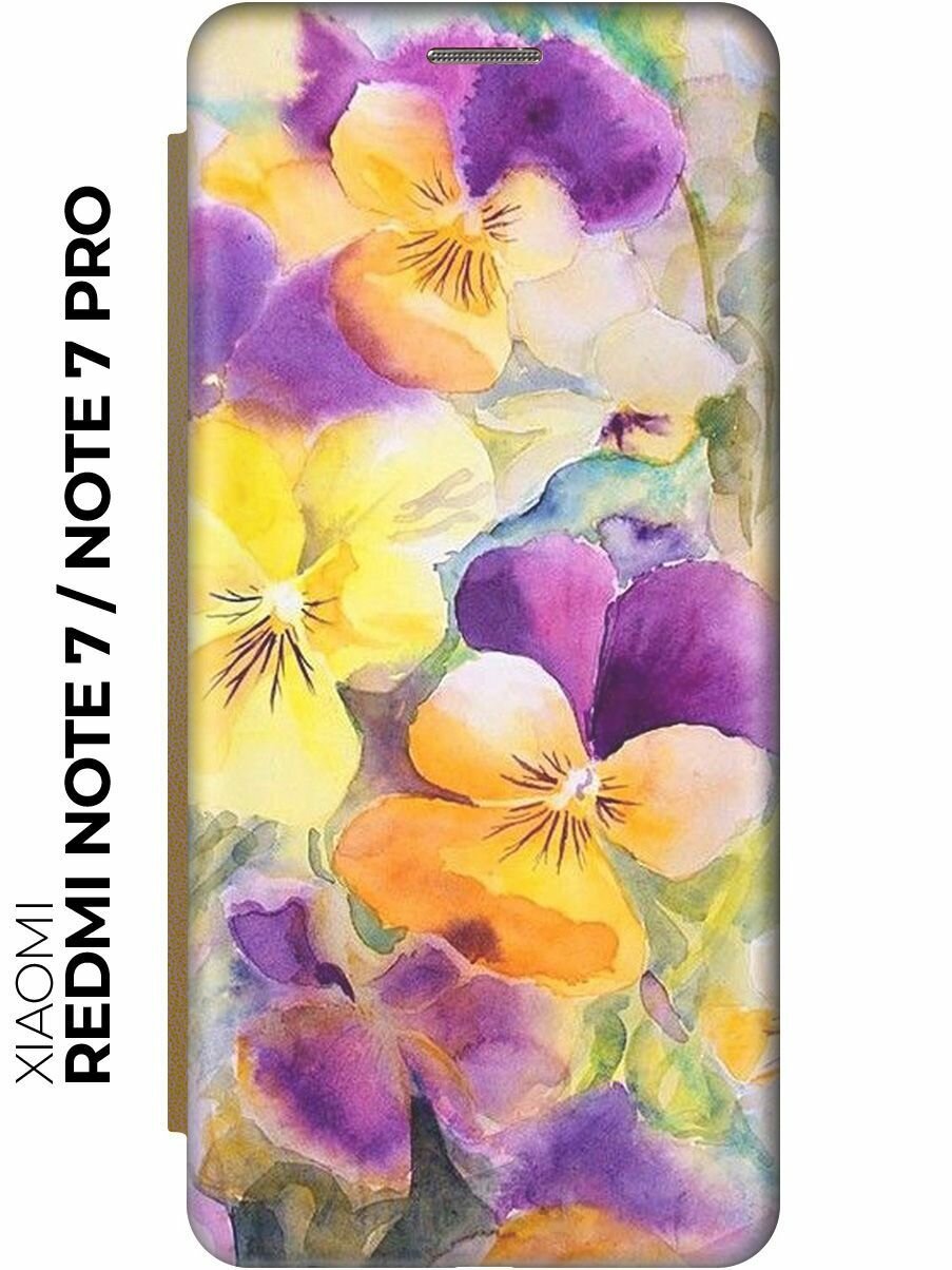 Чехол-книжка Сиреневые и желтые цветы на Xiaomi Redmi Note 7 / Note 7 Pro / Сяоми Редми Ноут 7 / Ноут 7 Про золотой