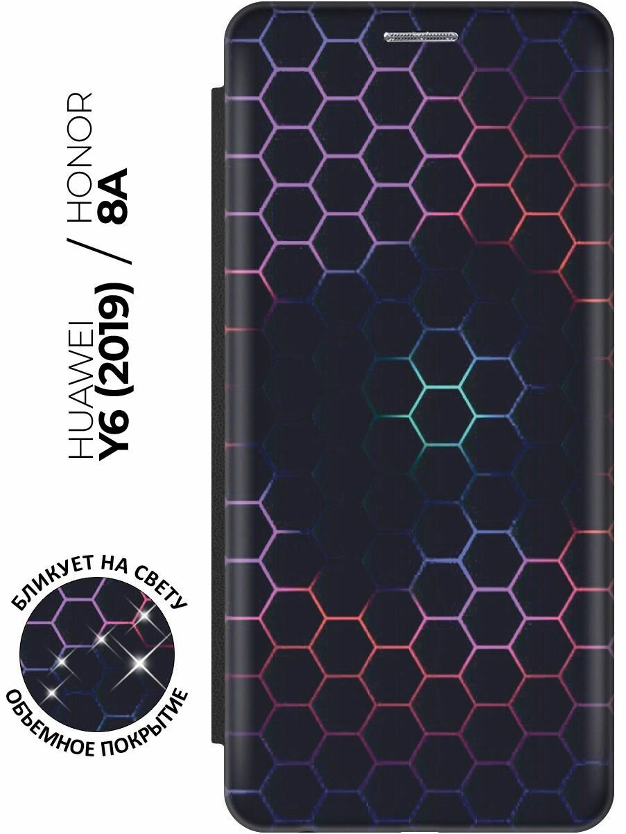 Чехол-книжка Светящиеся соты на Honor 8A / 8A Pro / Huawei Y6 (2019) / Y6 Prime (2019) / Хуавей Хонор 8а / 8а Про с эффектом блика черный