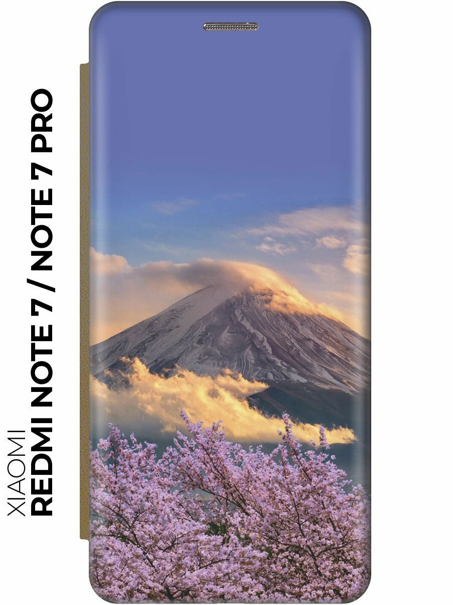 Чехол-книжка Сакура и горы на Xiaomi Redmi Note 7 / Note 7 Pro / Сяоми Редми Ноут 7 / Ноут 7 Про золотой
