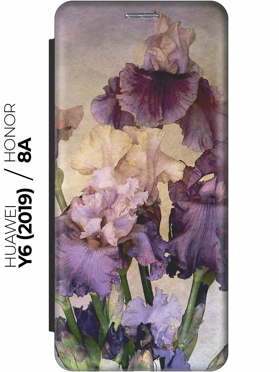 Чехол-книжка Фиолетовые цветы на Honor 8A / 8A Pro / Huawei Y6 (2019) / Y6 Prime (2019) / Хонор 8а / 8а Про / Хуавей У6 2019 / У6 Прайм 2019 черный